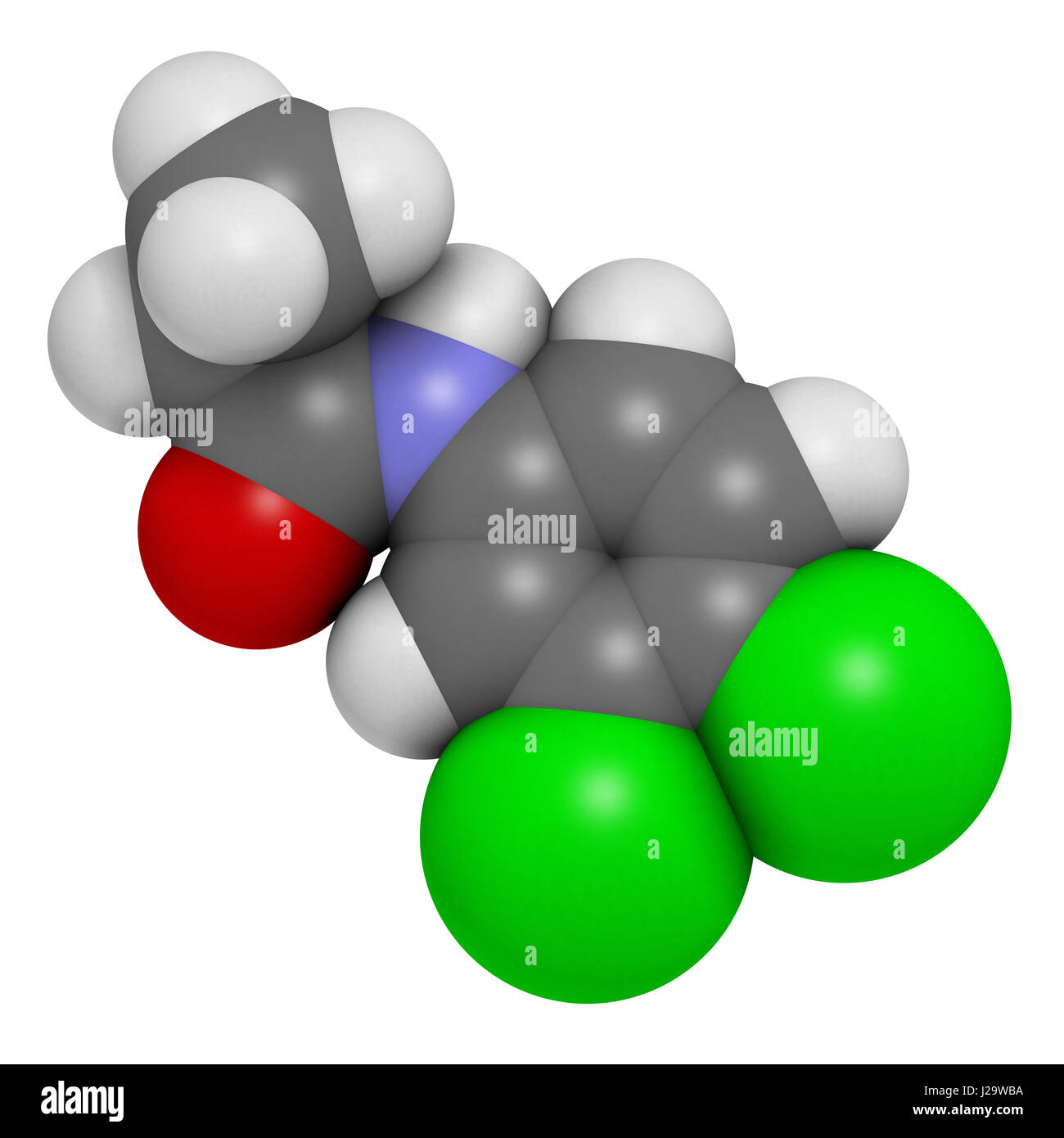 Propanil herbicide molecule. 3D rendering. Atoms are represented as ...