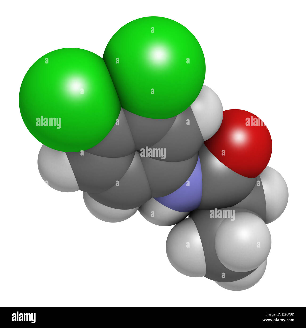 Propanil herbicide molecule. 3D rendering. Atoms are represented as ...