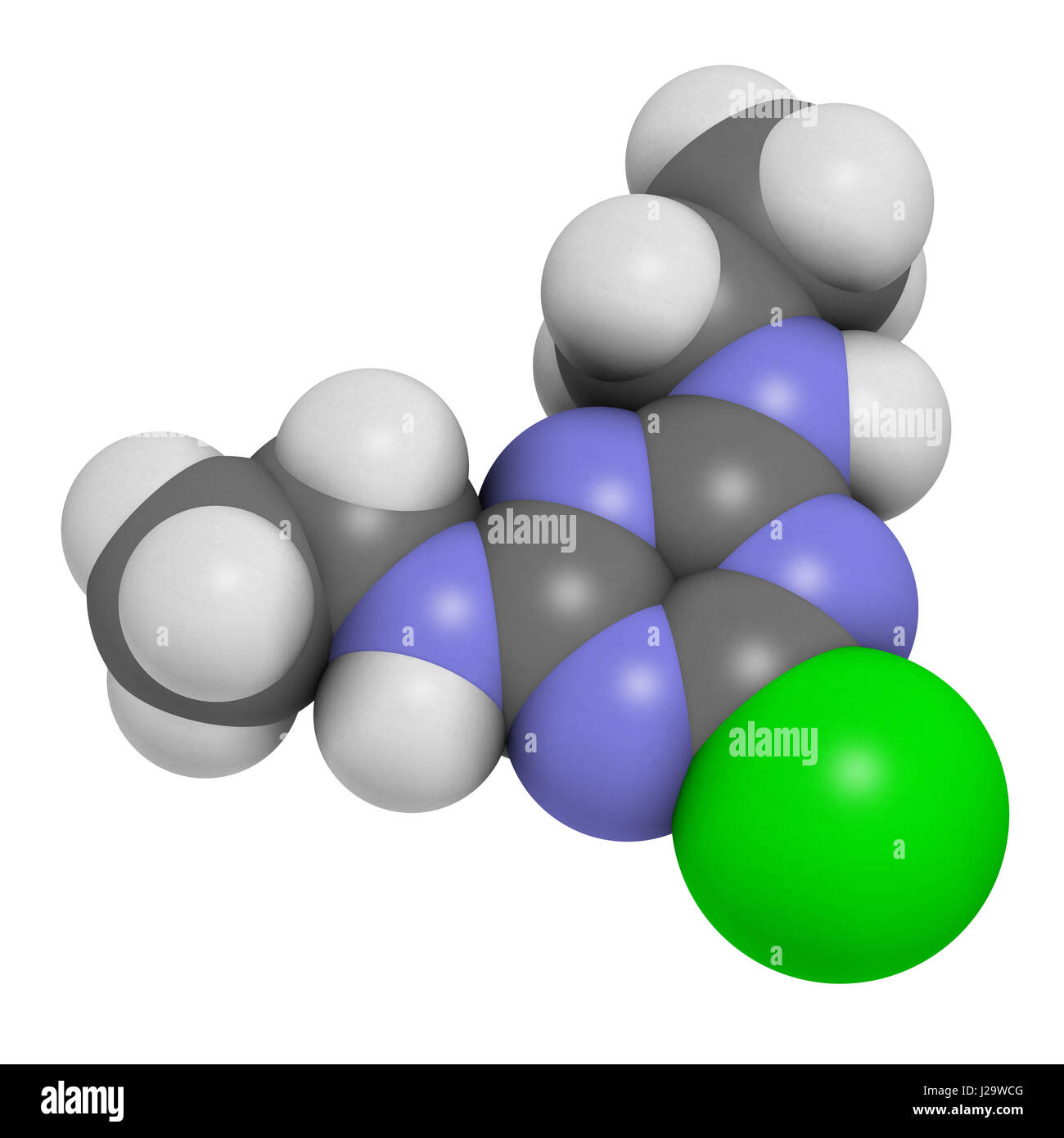 Simazine herbicide molecule. 3D rendering. Atoms are represented as ...