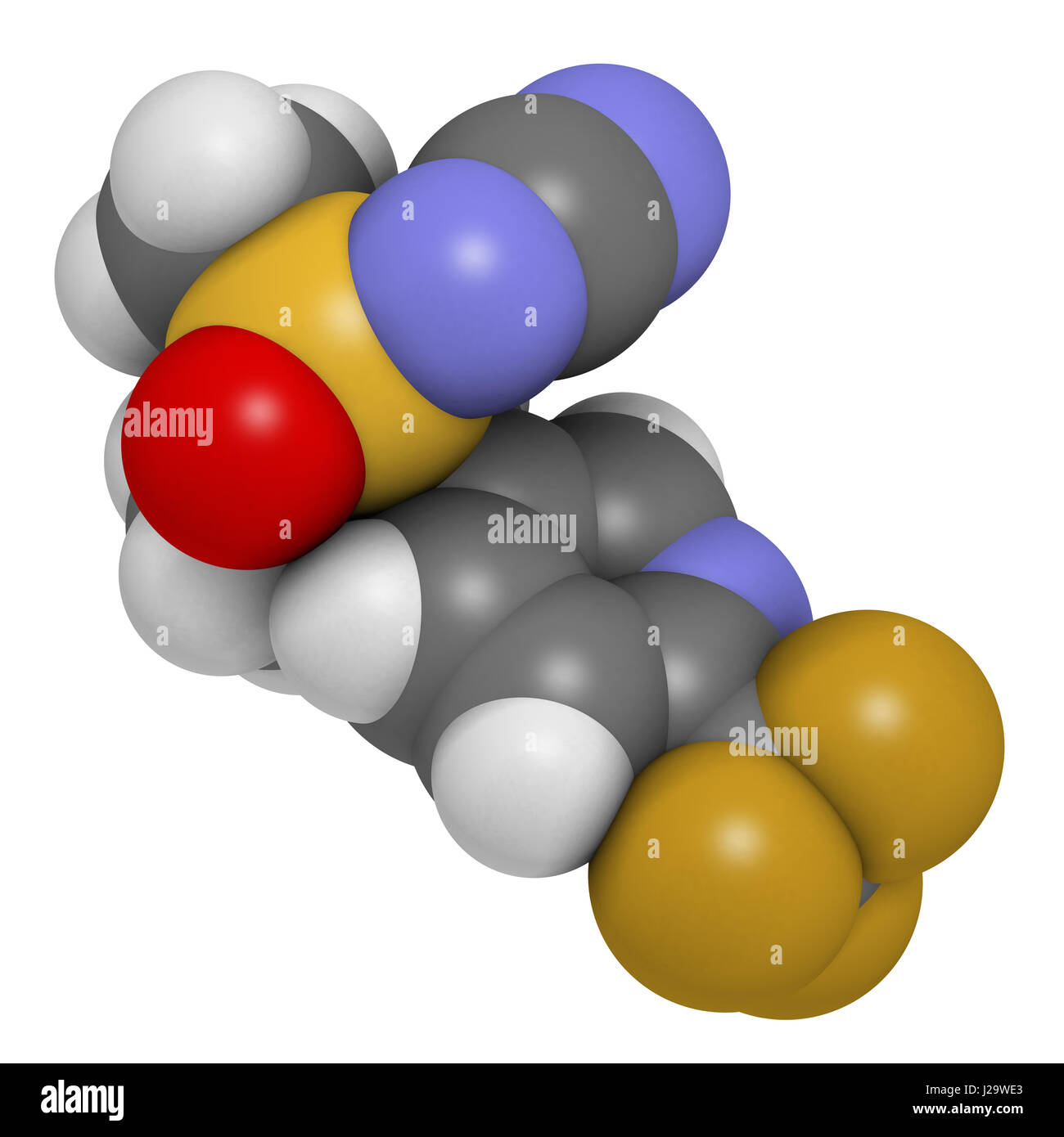 Sulfoxaflor insecticide molecule. 3D rendering. Atoms are represented ...