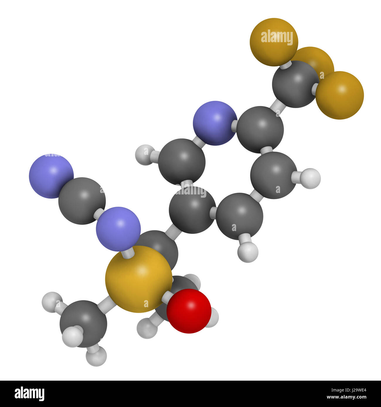 Sulfoxaflor insecticide molecule. 3D rendering. Atoms are represented ...