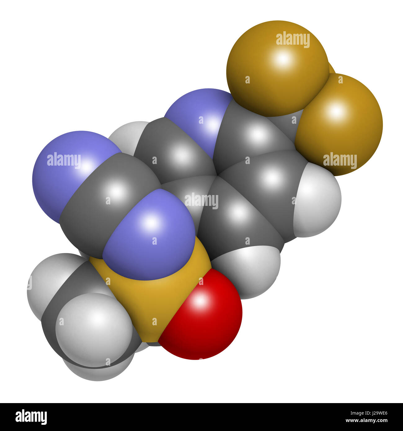 Sulfoxaflor insecticide molecule. 3D rendering. Atoms are represented ...