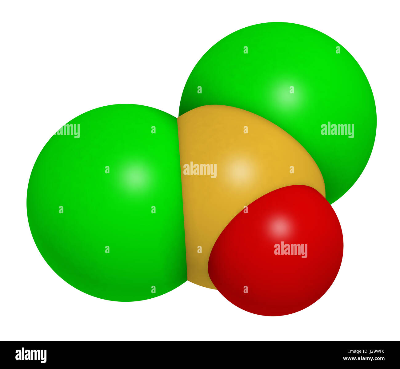 Thionyl chloride (SOCl2) chemical reagent molecule. 3D rendering. Atoms ...