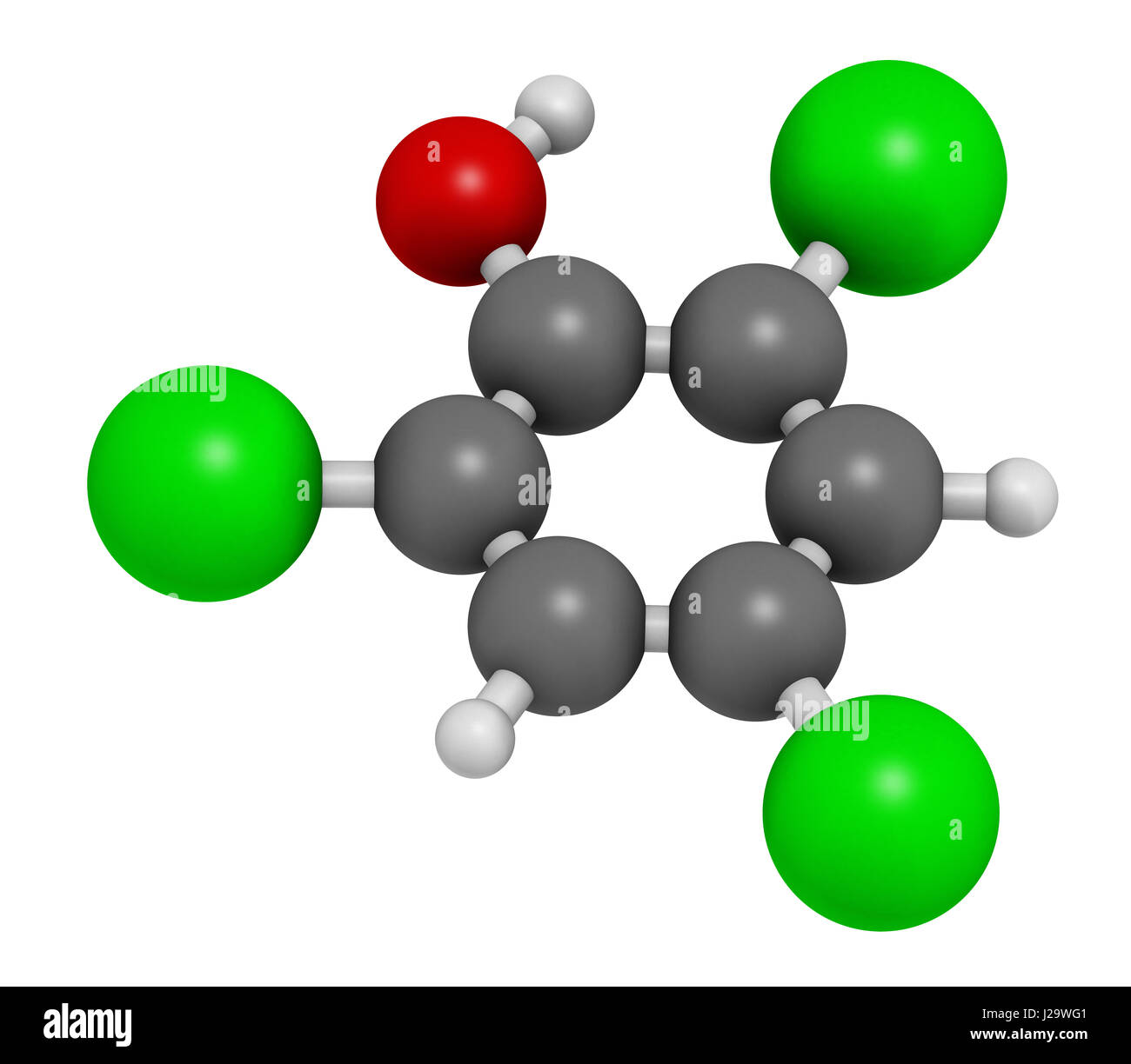 Trichlorophenol (TCP, 2,4,6-trichlorophenol) molecule. 3D rendering ...