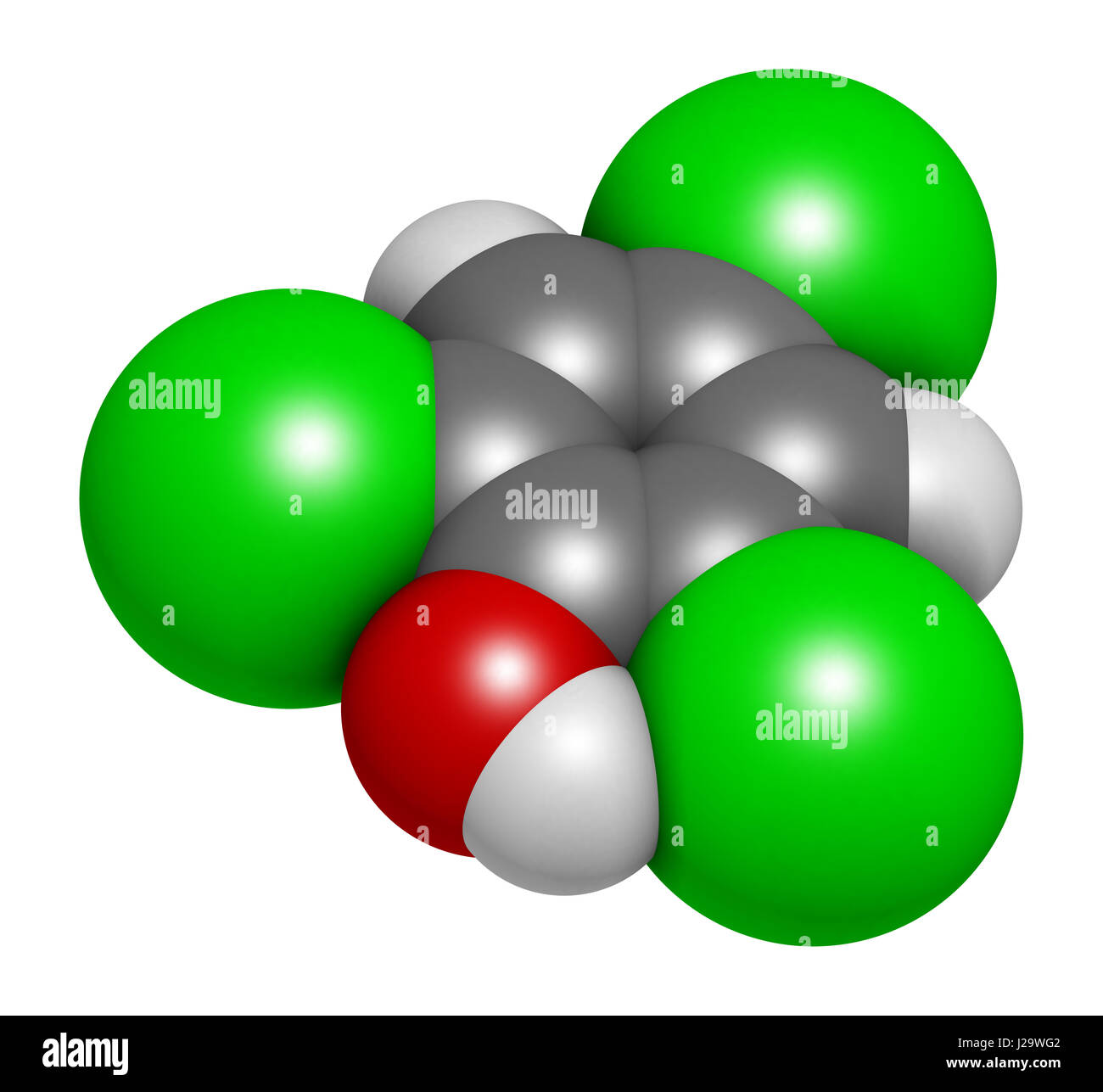 Trichlorophenol (TCP, 2,4,6-trichlorophenol) molecule. 3D rendering ...