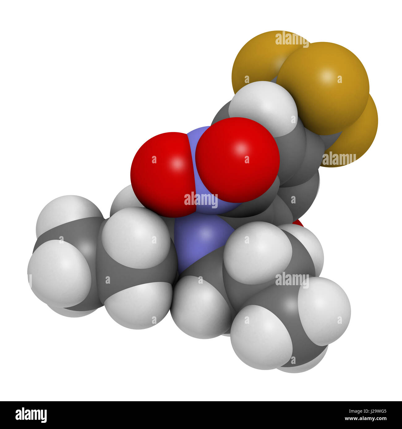 Trifluralin herbicide molecule. 3D rendering. Atoms are represented as ...