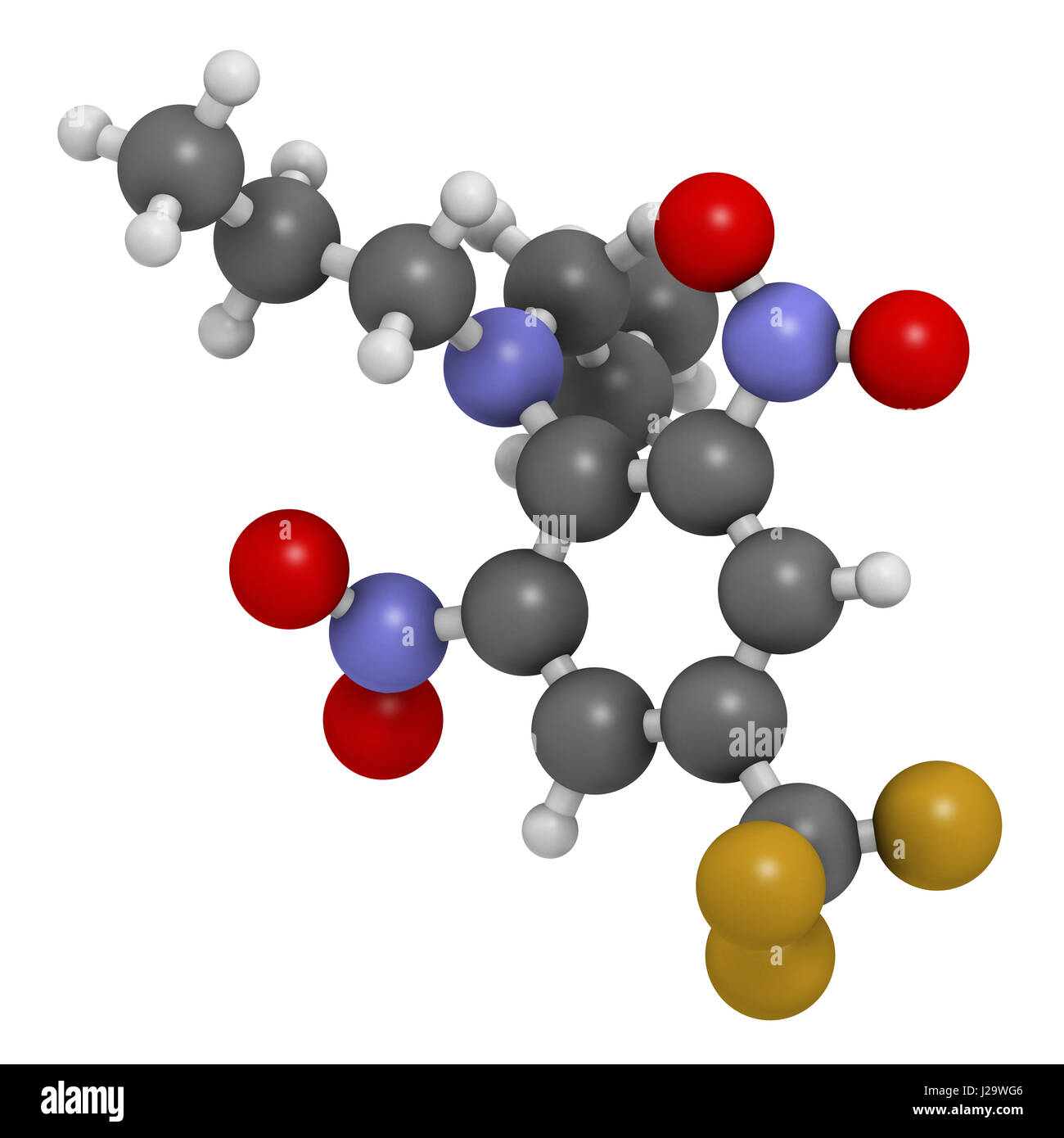 Trifluralin herbicide molecule. 3D rendering. Atoms are represented as ...