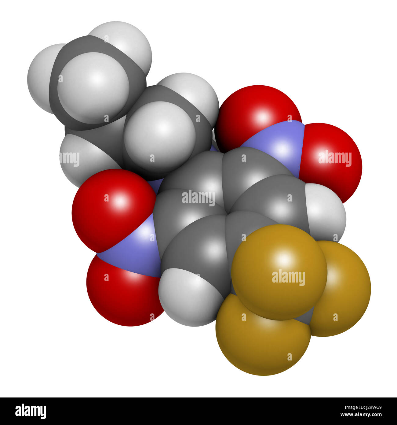 Trifluralin herbicide molecule. 3D rendering. Atoms are represented as ...