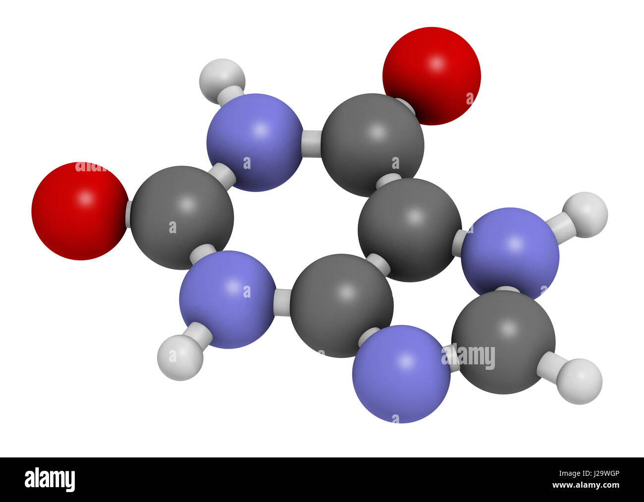 Xanthine purine base molecule. 3D rendering. Atoms are represented as ...