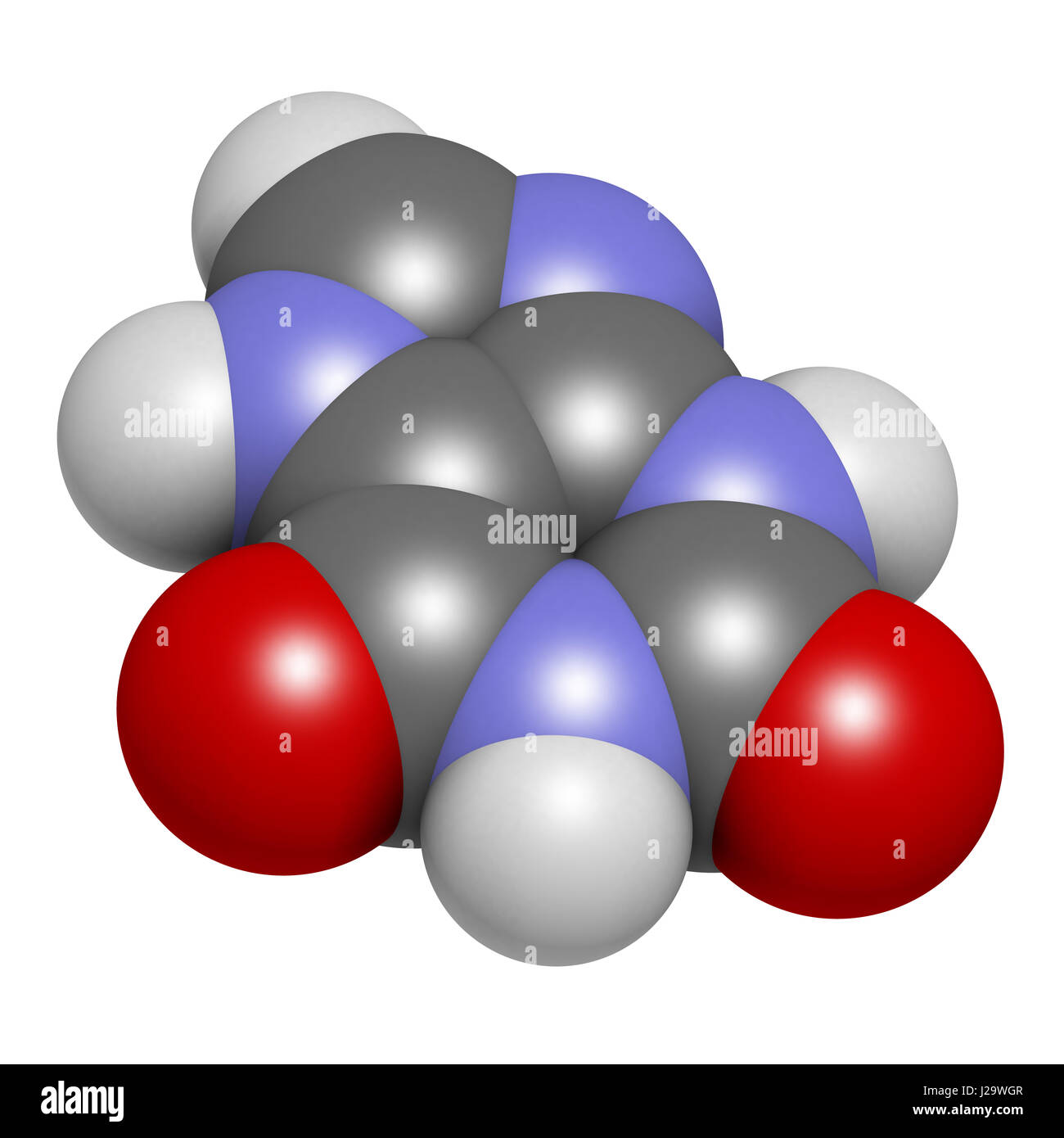 Xanthine purine base molecule. 3D rendering. Atoms are represented as ...
