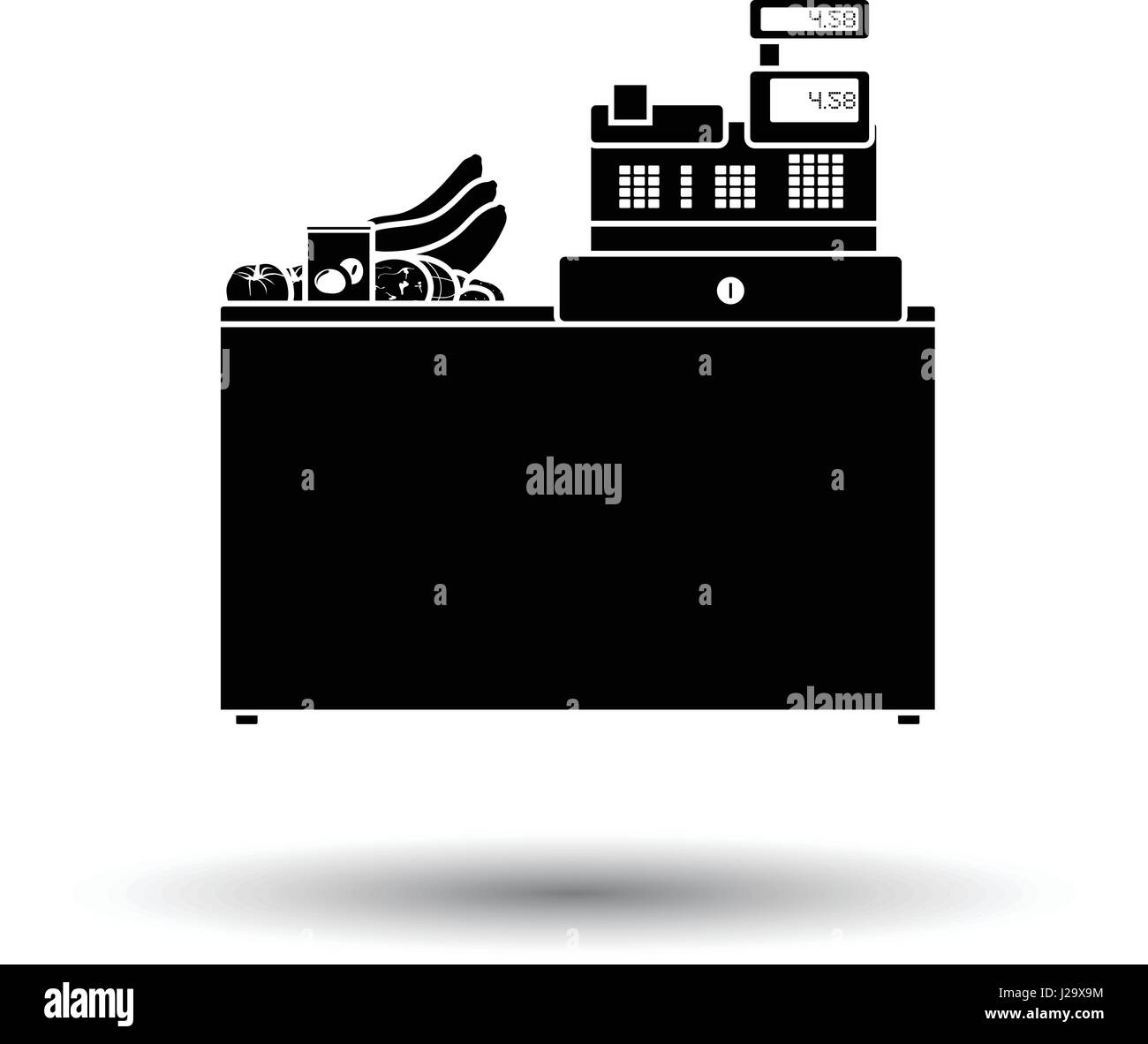 Supermarket store counter desk icon. Black background with white ...