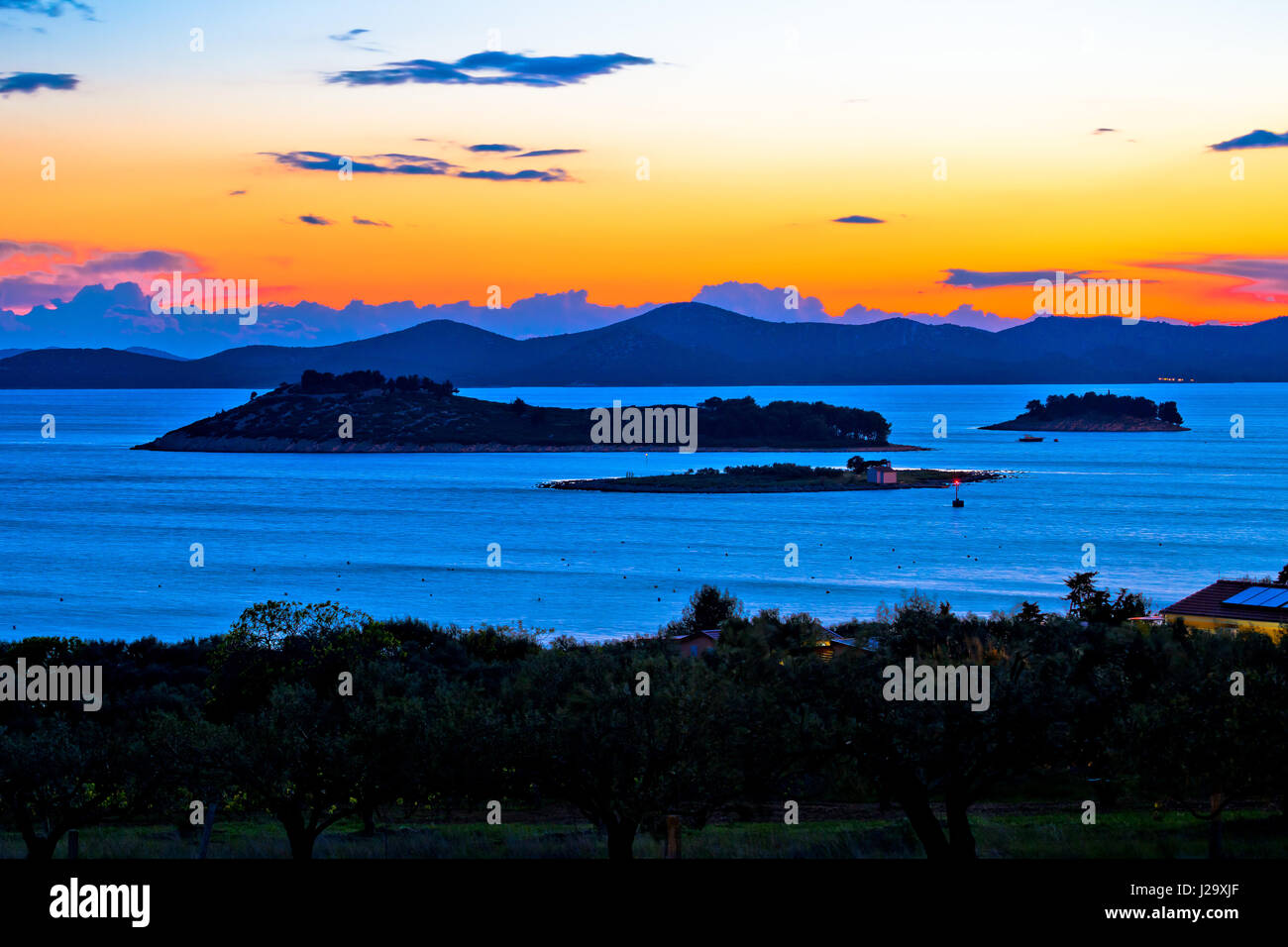 Islands of Pakostane waterfront evening view, Dalmatia, Croatia Stock ...