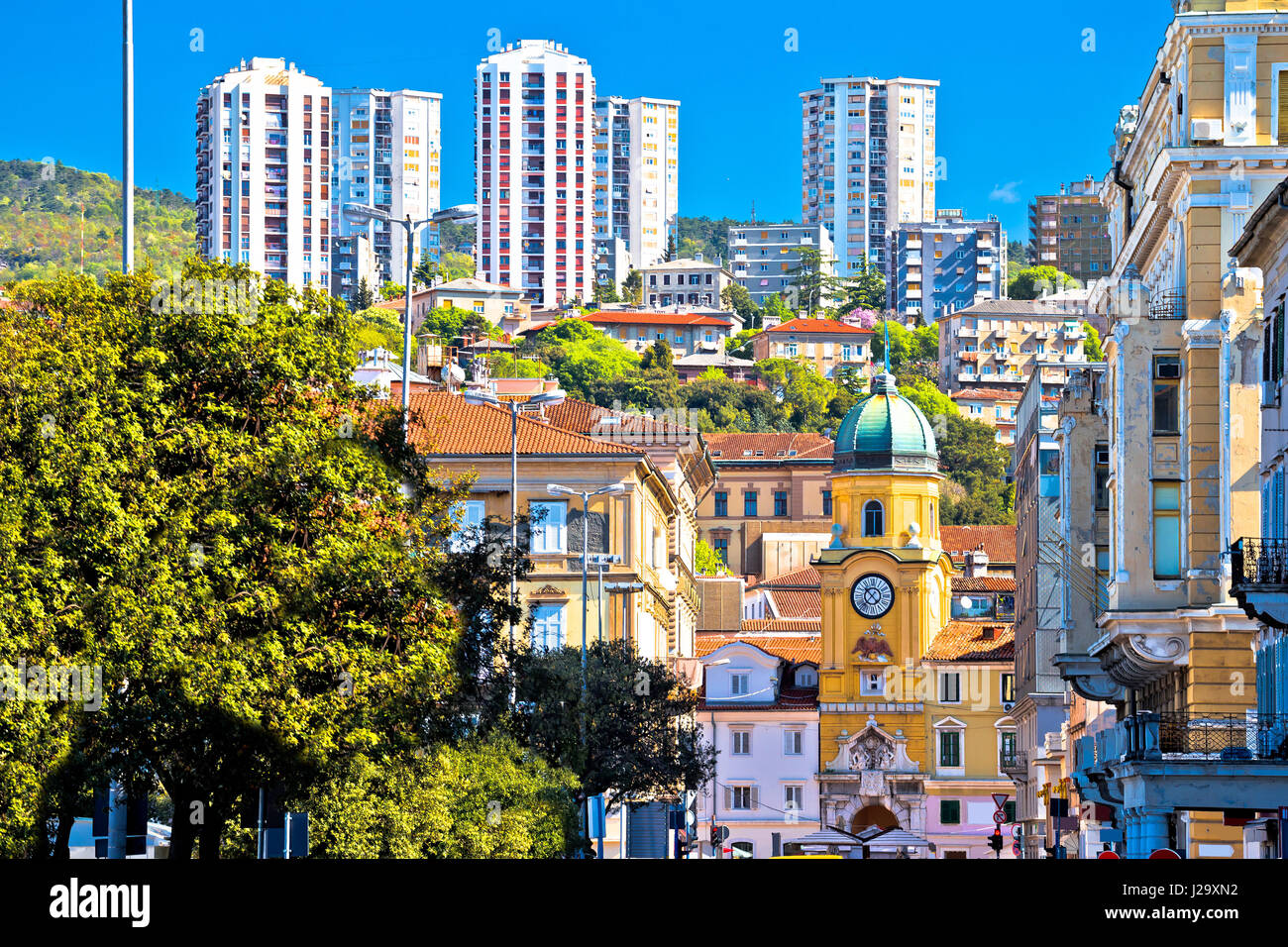 City of Rijeka architecture view, clock tower and skyscrapers, Kvarner ...