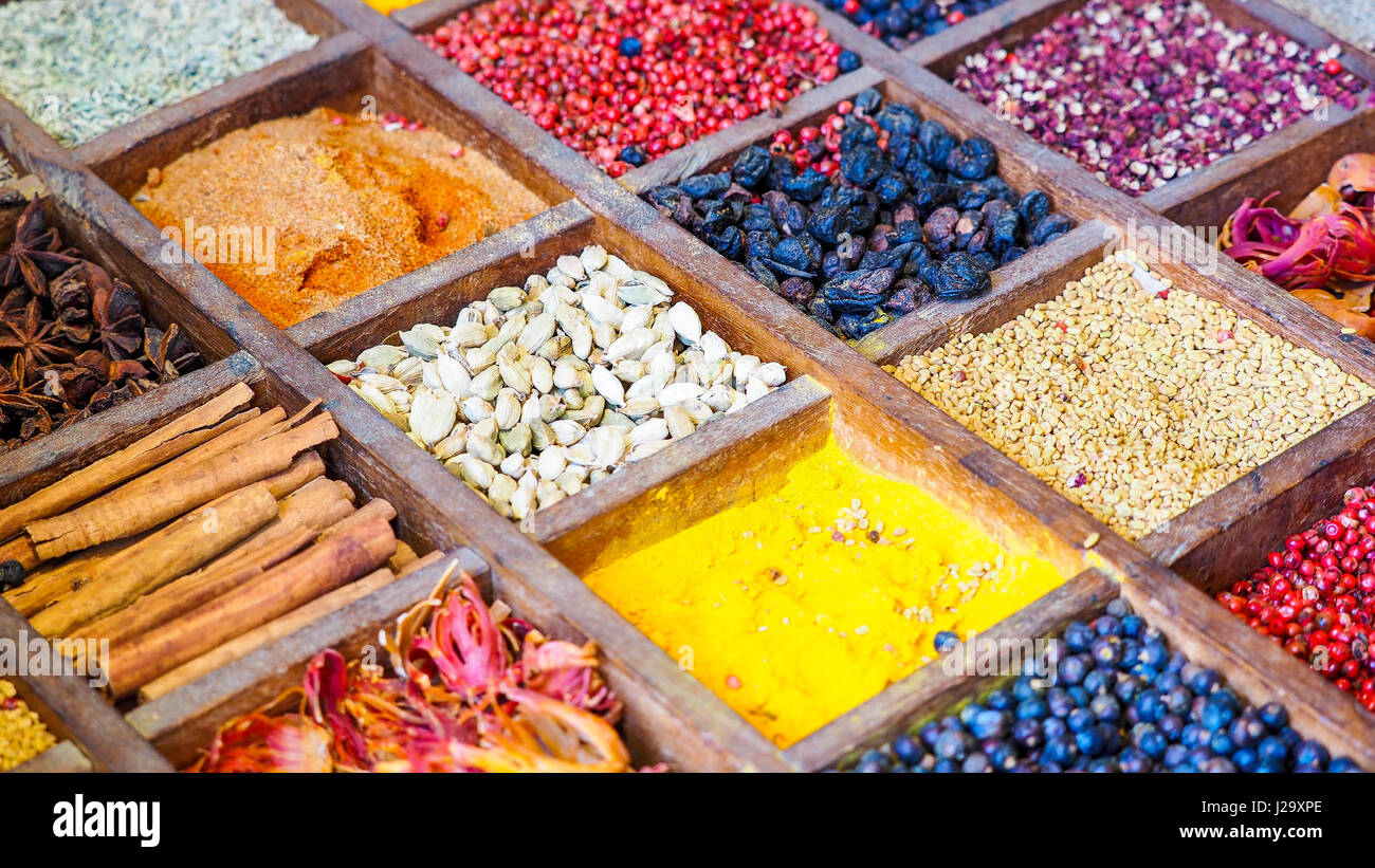 Spices and herbs. Variety of spices and oriental herbs. Food background ...