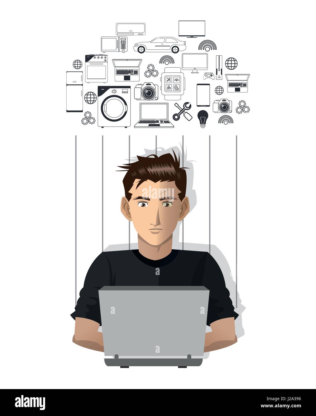 Young man thinking working computer Stock Vector Images - Alamy