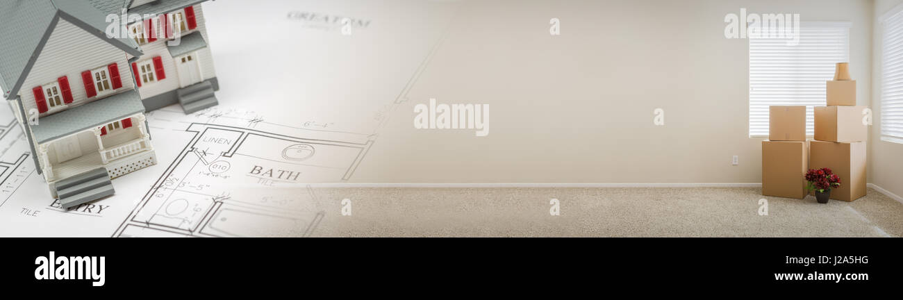 Gradated Banner with Model Home, House Plans and Empty Room with Boxes ...
