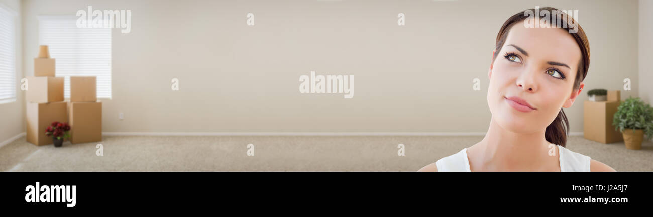 Young Adult Woman Thoughtfully Looking Inside Room with Boxes Banner ...