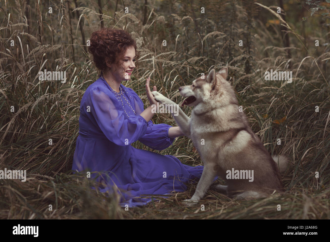 Dog put a paw on a hand to the girl, they are friends Stock Photo - Alamy