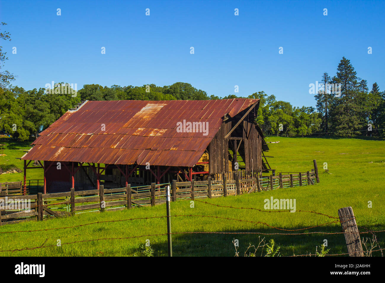 Old Wooden Barn With Rusty Tin Roof In Field Stock Photo - Alamy