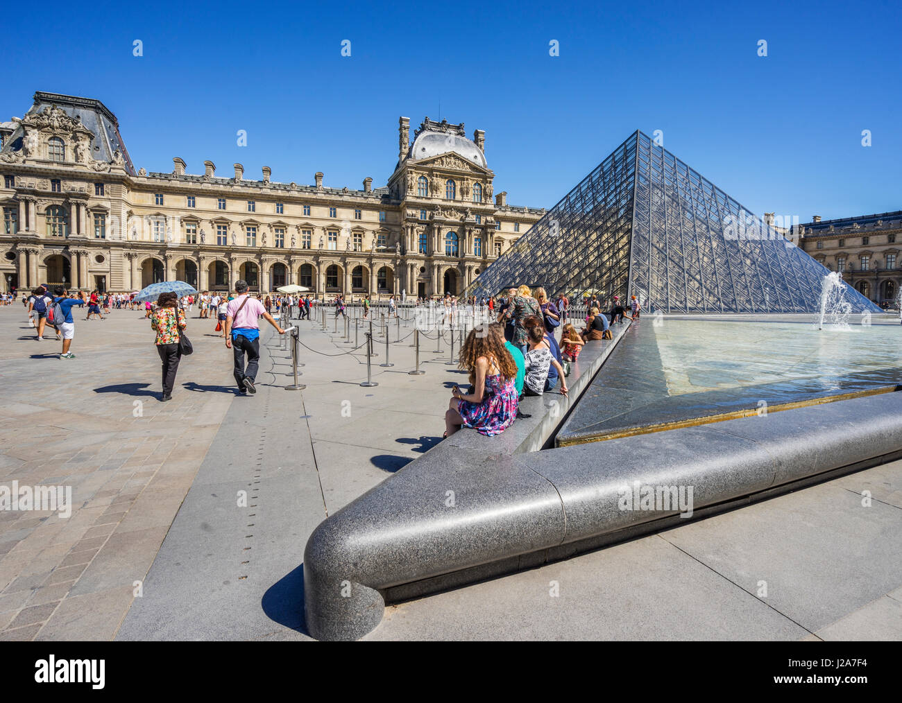 France, Paris, Louvre Palace, view of Napoleon Courtyard with the ...