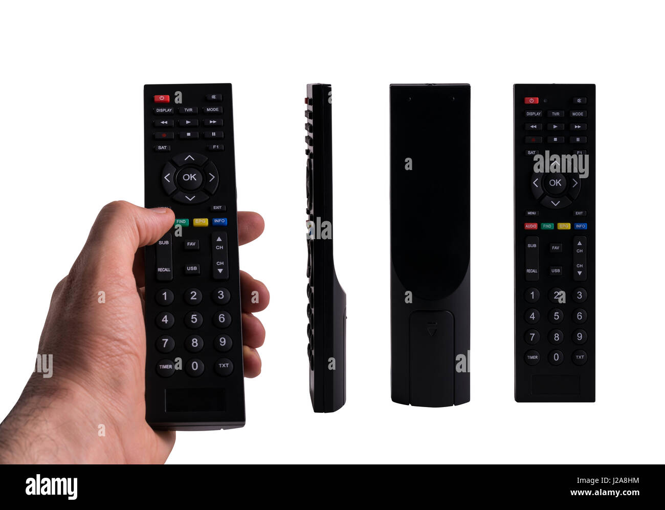 Hand Holding a Remote Control, 3 Different Views of Black Remote ...