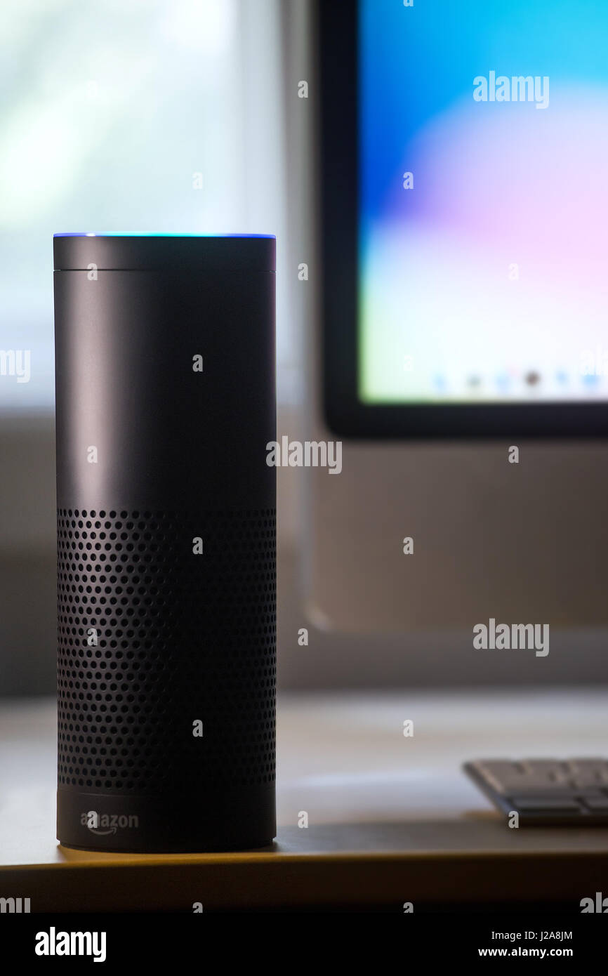 Amazon echo alexa voice recognition technology, computer in background ...