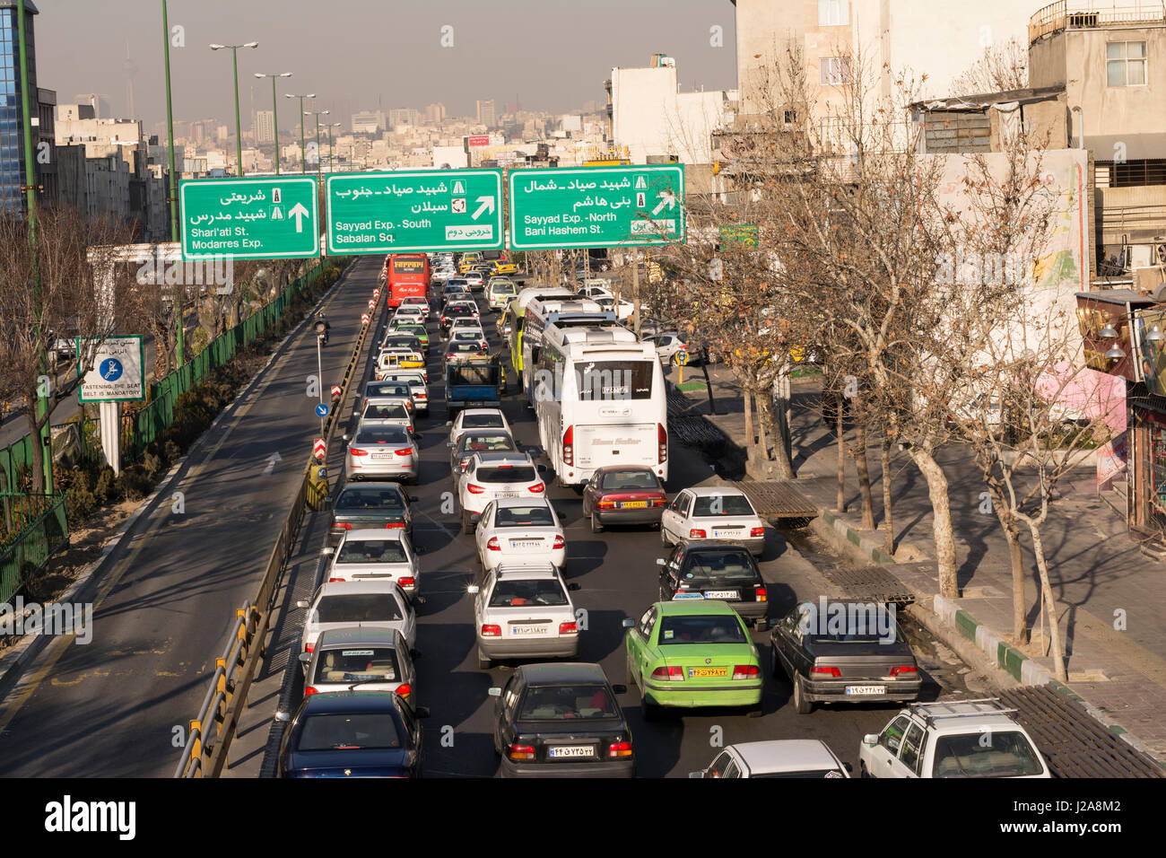 Tehran, IRAN - February 22, 2017 Morning Traffic on Resalat Highway ...