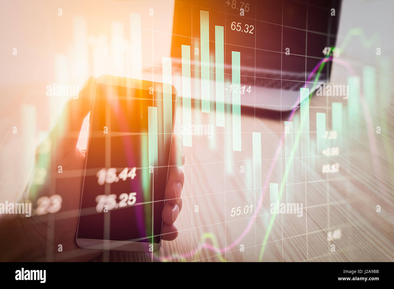 Abstract economy analysis background. Double exposure business man on ...