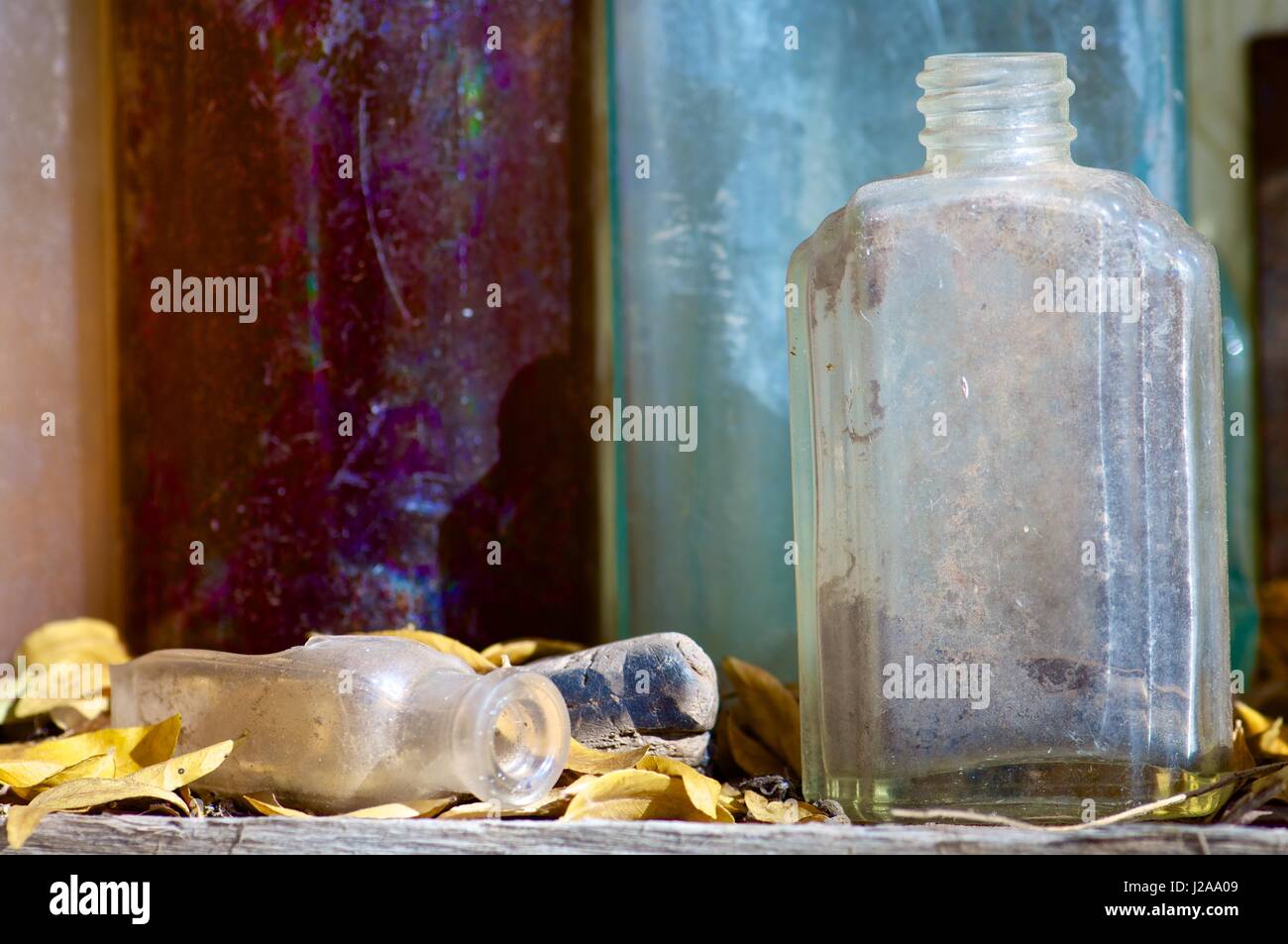 close-up of some old glass bottles Stock Photo - Alamy