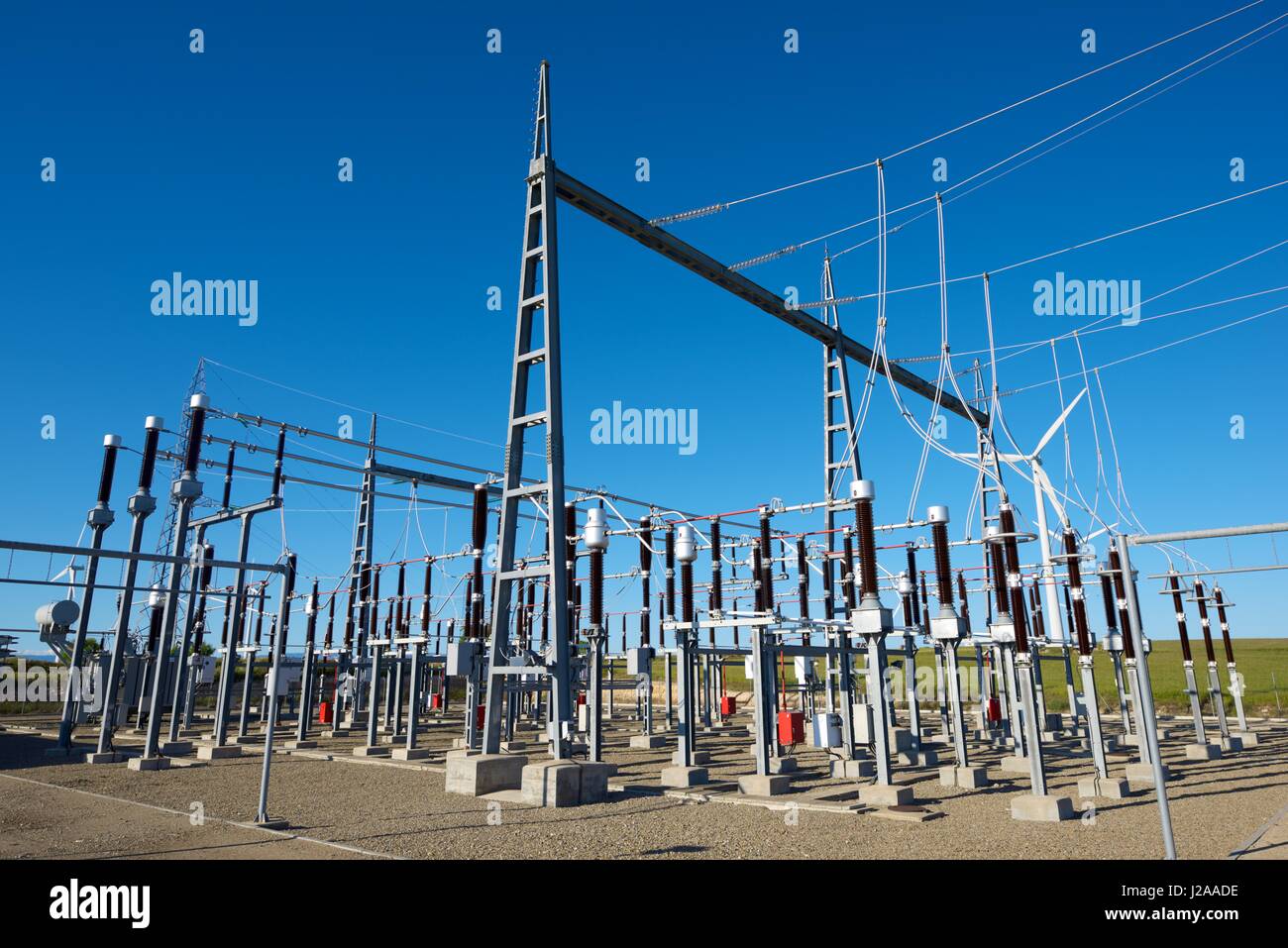 Electrical substation with blue and clear sky. Huesca Province, Aragon ...