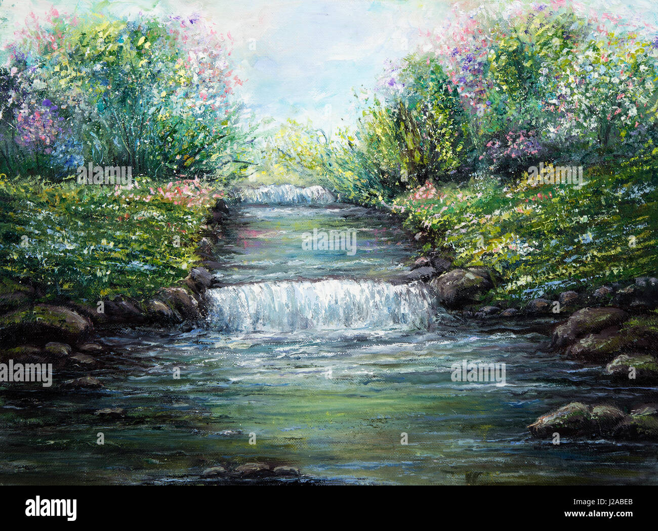 Original oil painting showing spring river and flowers on canvas ...
