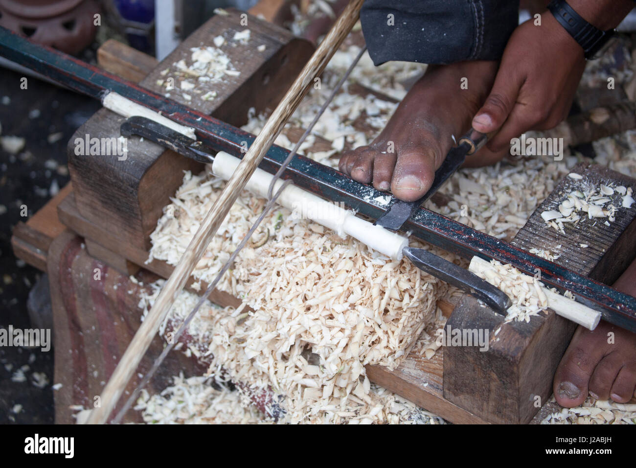 Africa, Morocco, Marrakesh. Close-up of a hand powered lathe, used to ...