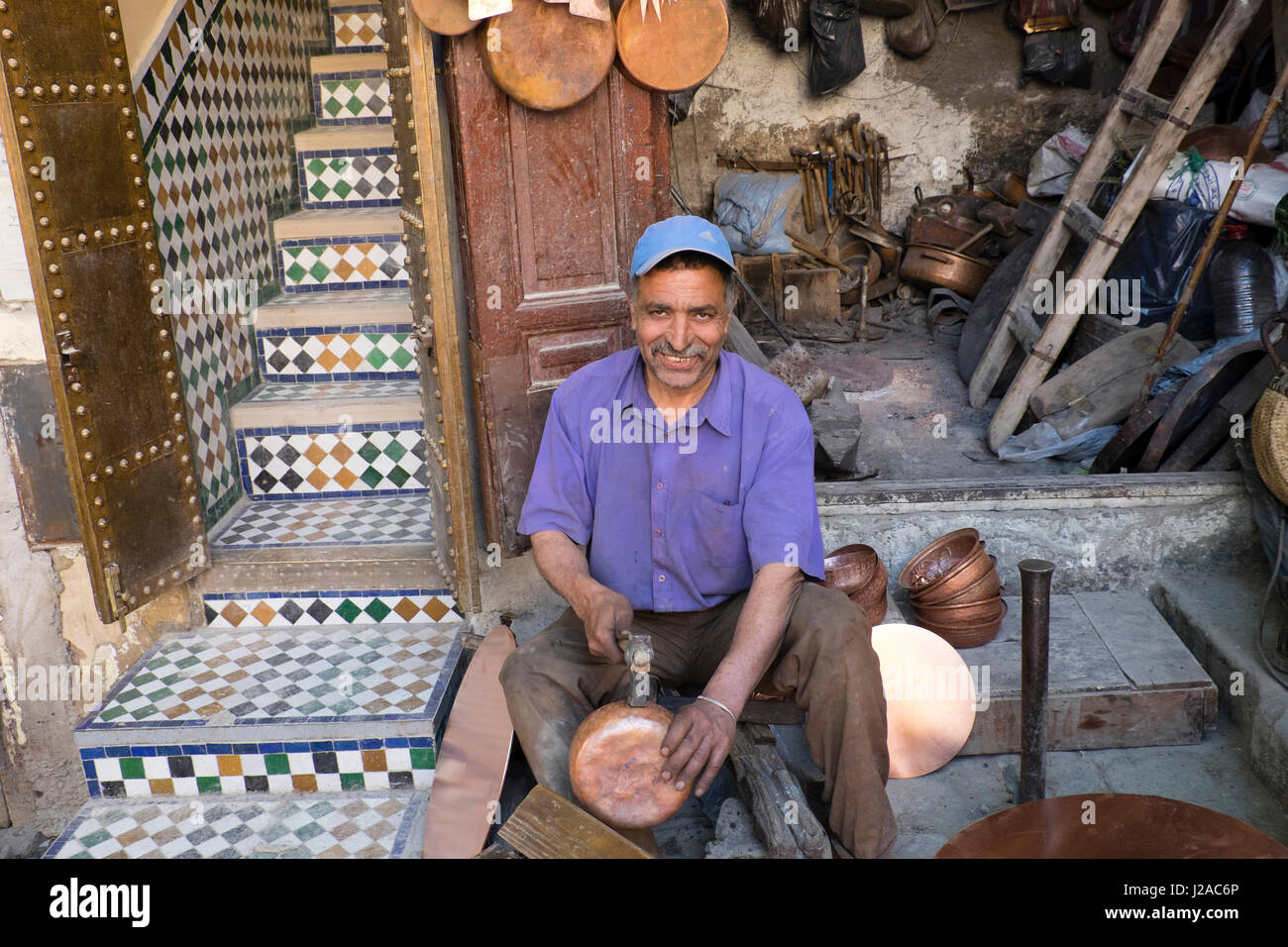 Morocco, Fez, Medina copper craftsmen at work. (Editorial Use Only ...