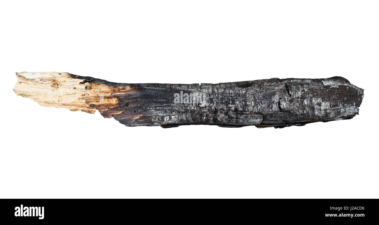 front view of burnt charred wooden log isolated on white background ...