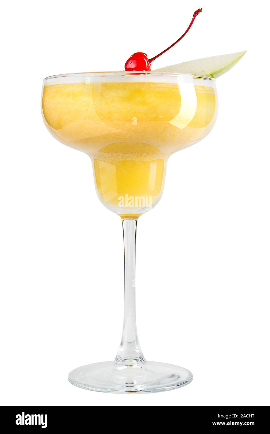 Refreshing yellow alcohol cocktail with apple and slice on white ...