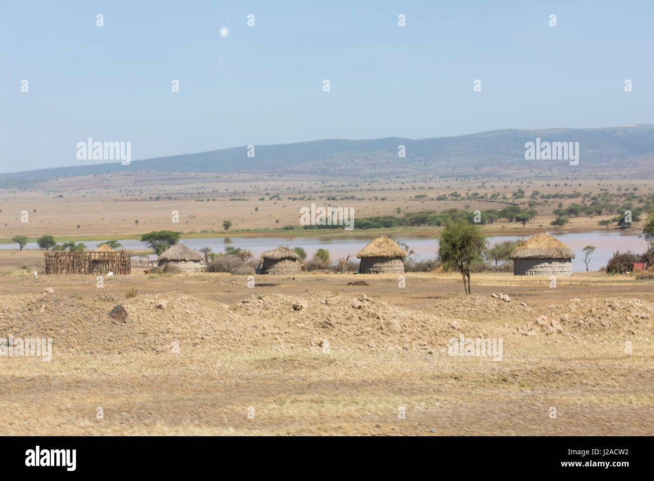 Landscape near Arusha, Tanzania, native oval grass huts stand in front ...