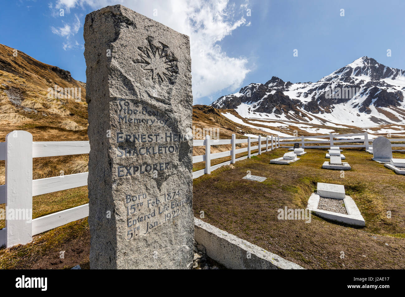 South Georgia Island, Grytviken. Explorer Ernest Shackleton's grave ...
