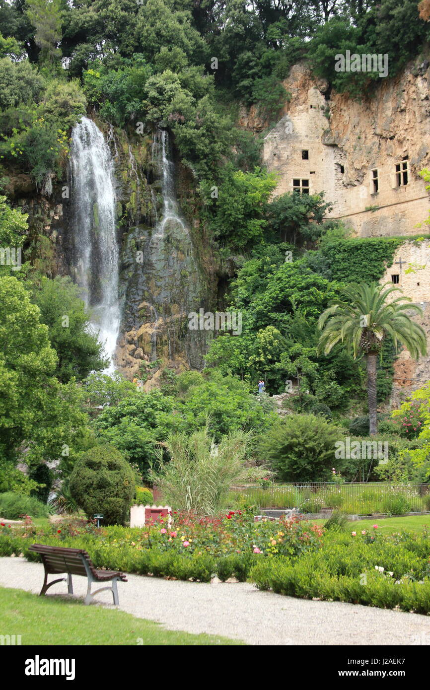 The waterfall in the public garden of Villecroze, Var, 83, France ...