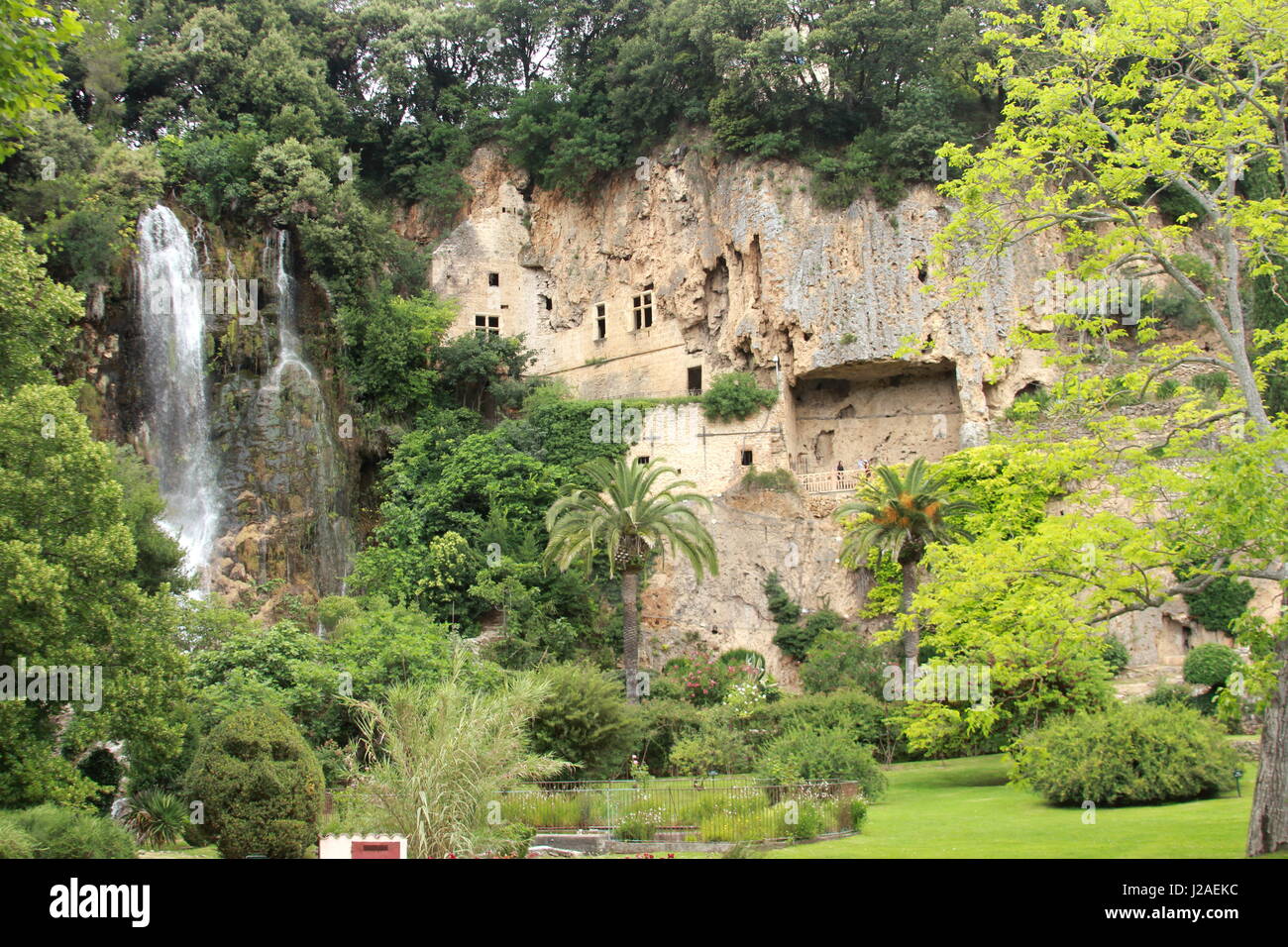 The waterfall in the public garden of Villecroze, Var, 83, France ...