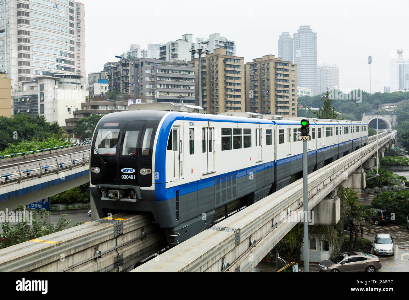 China, Chongqing, Chongqing Rail Transit (CRT) subway train running ...