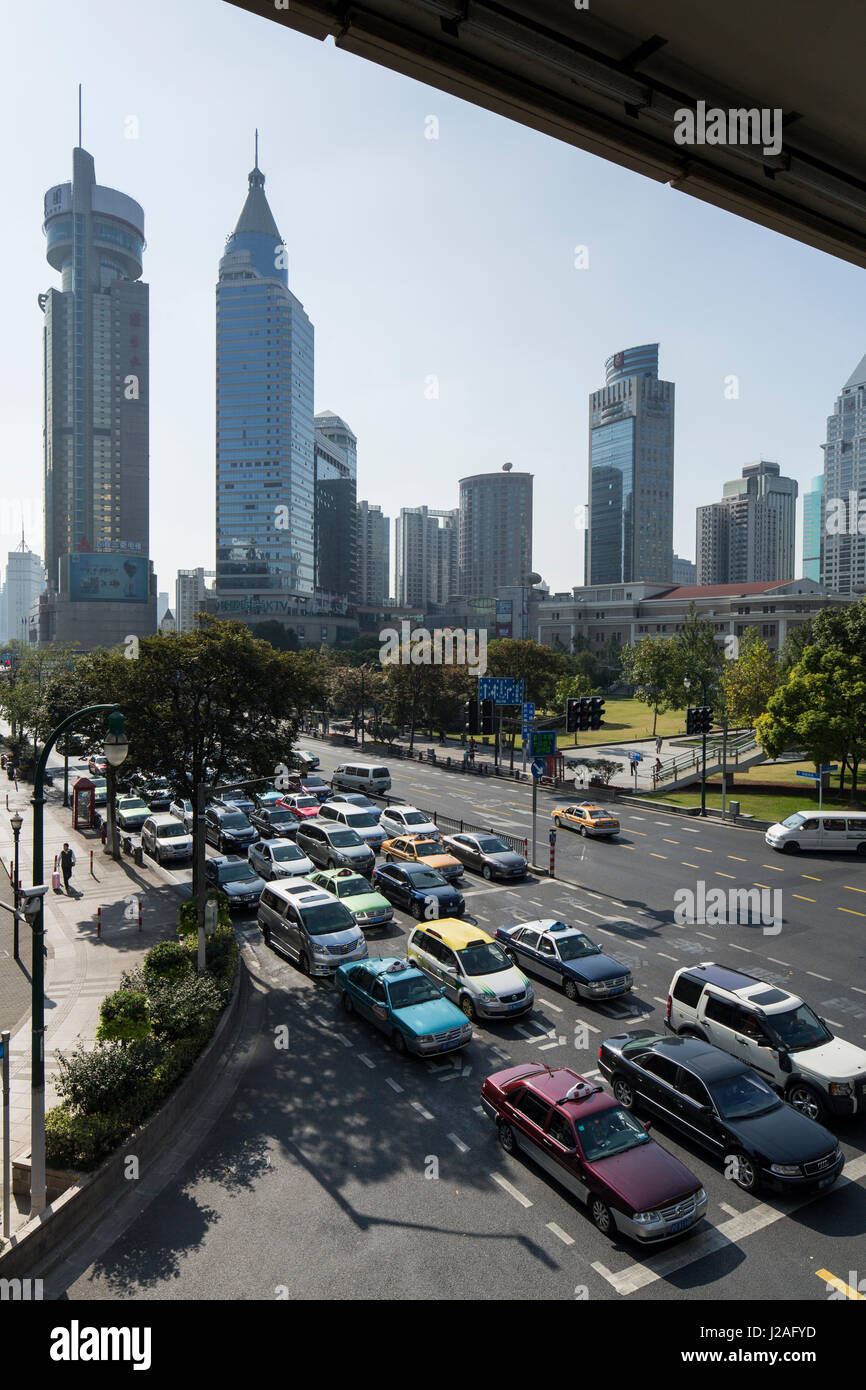 China, Shanghai, Morning traffic jam along Yan'an Road beneath ...