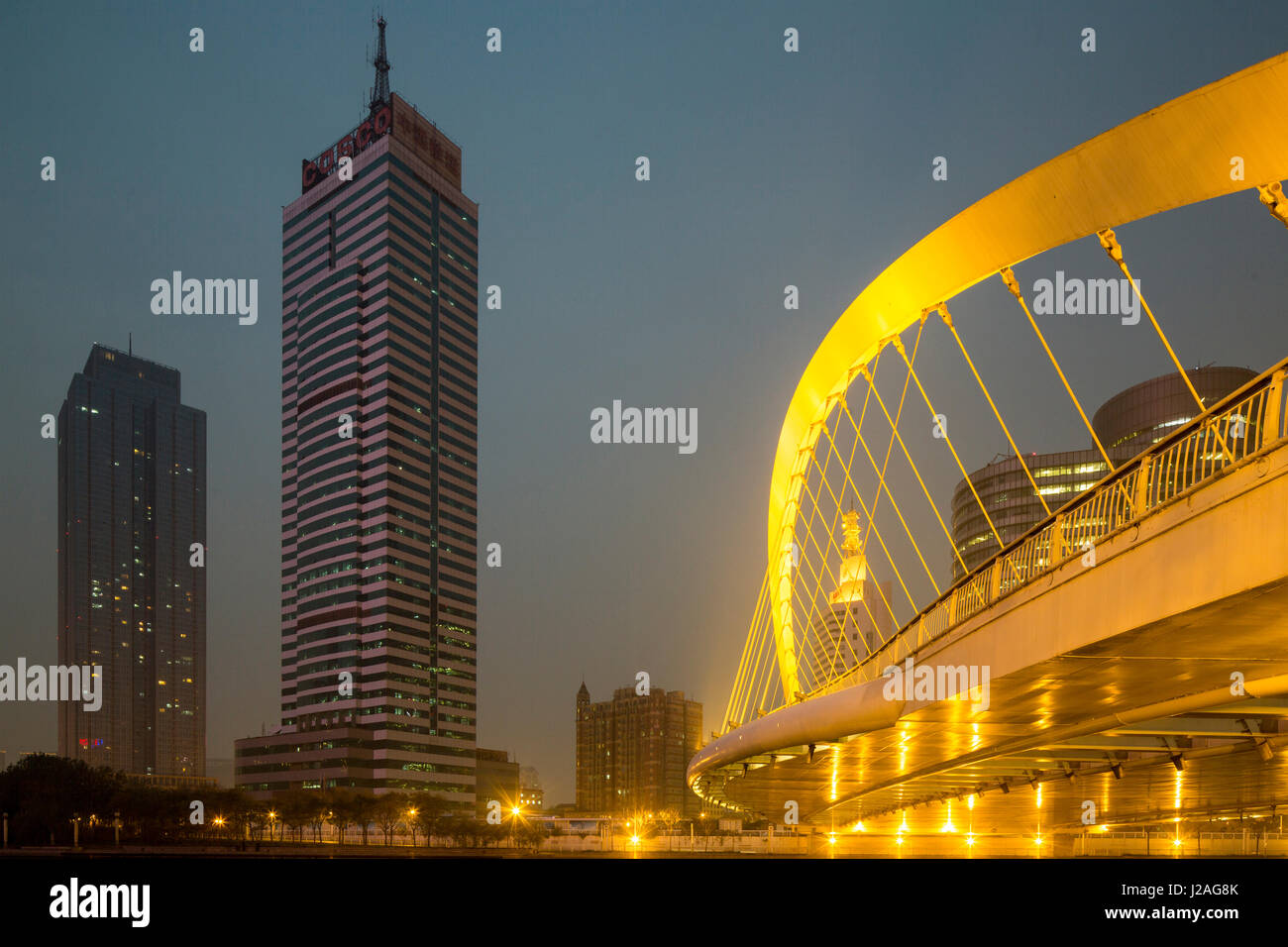 China, Tianjin, Steel arch of Dagu Bridge with steel and glass ...