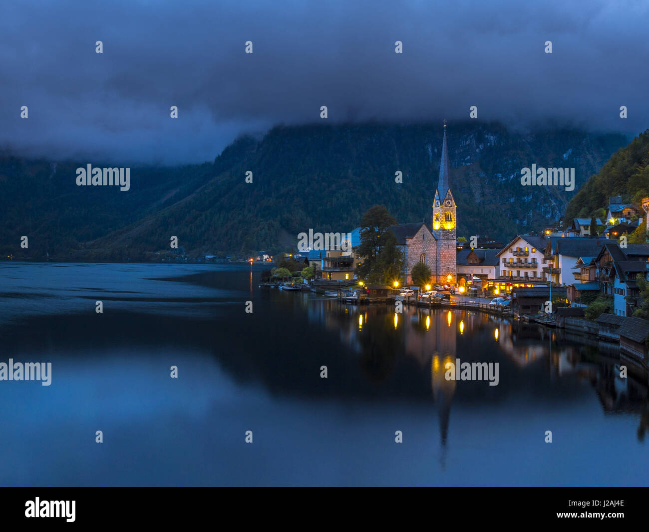 Village of Hallstatt at Night, Lake Hallstatt, Austria, Europe Stock ...