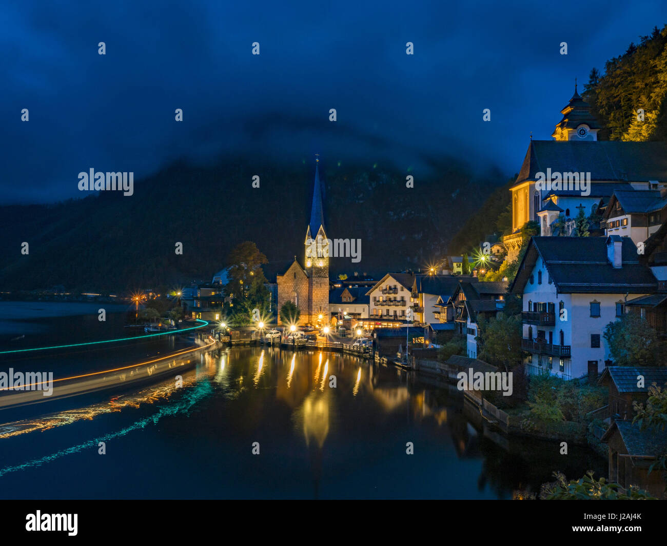 Village of Hallstatt at Night, Lake Hallstatt, Austria, Europe Stock ...