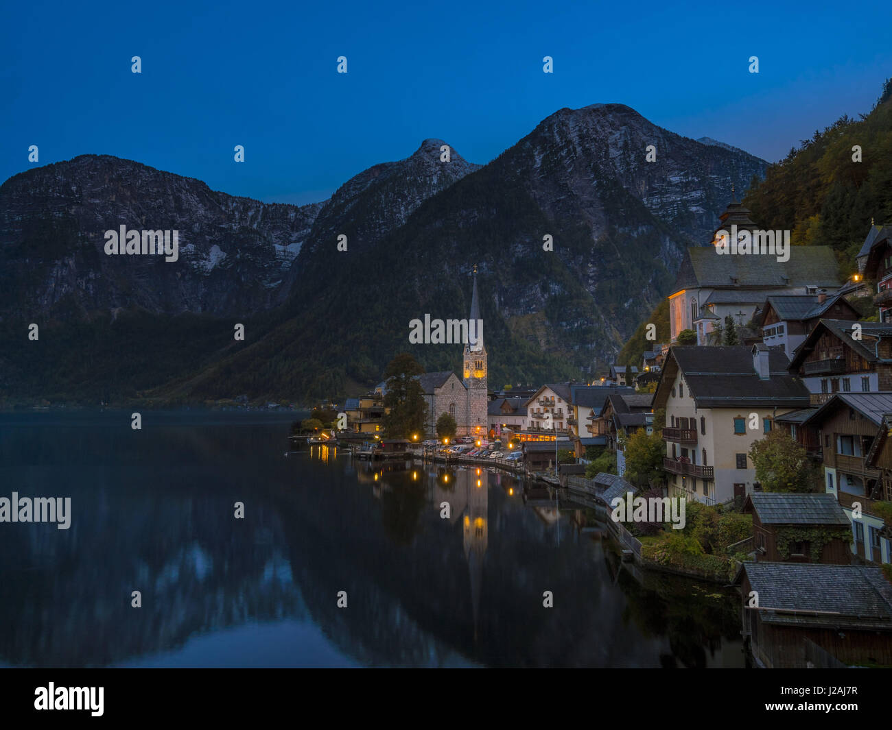 Village of Hallstatt at Night, Lake Hallstatt, Austria, Europe Stock ...