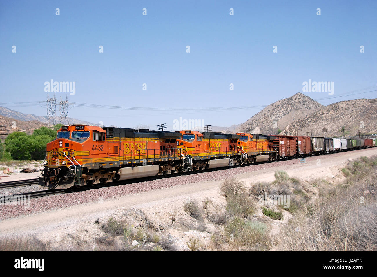 BNSF locomotives on a freight train at Cajon Pass, San Bernardino ...