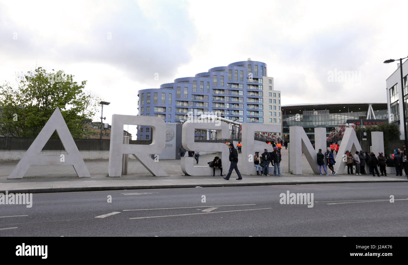 A general view of the Arsenal lettering outside the Emirates Stadium ...
