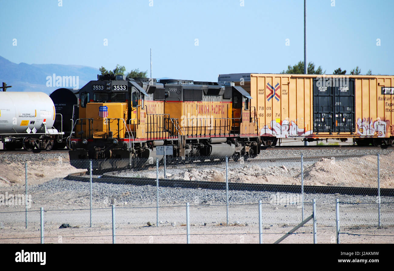 Union Pacific locomotive and freight cars near Las Vegas, Nevada, USA ...