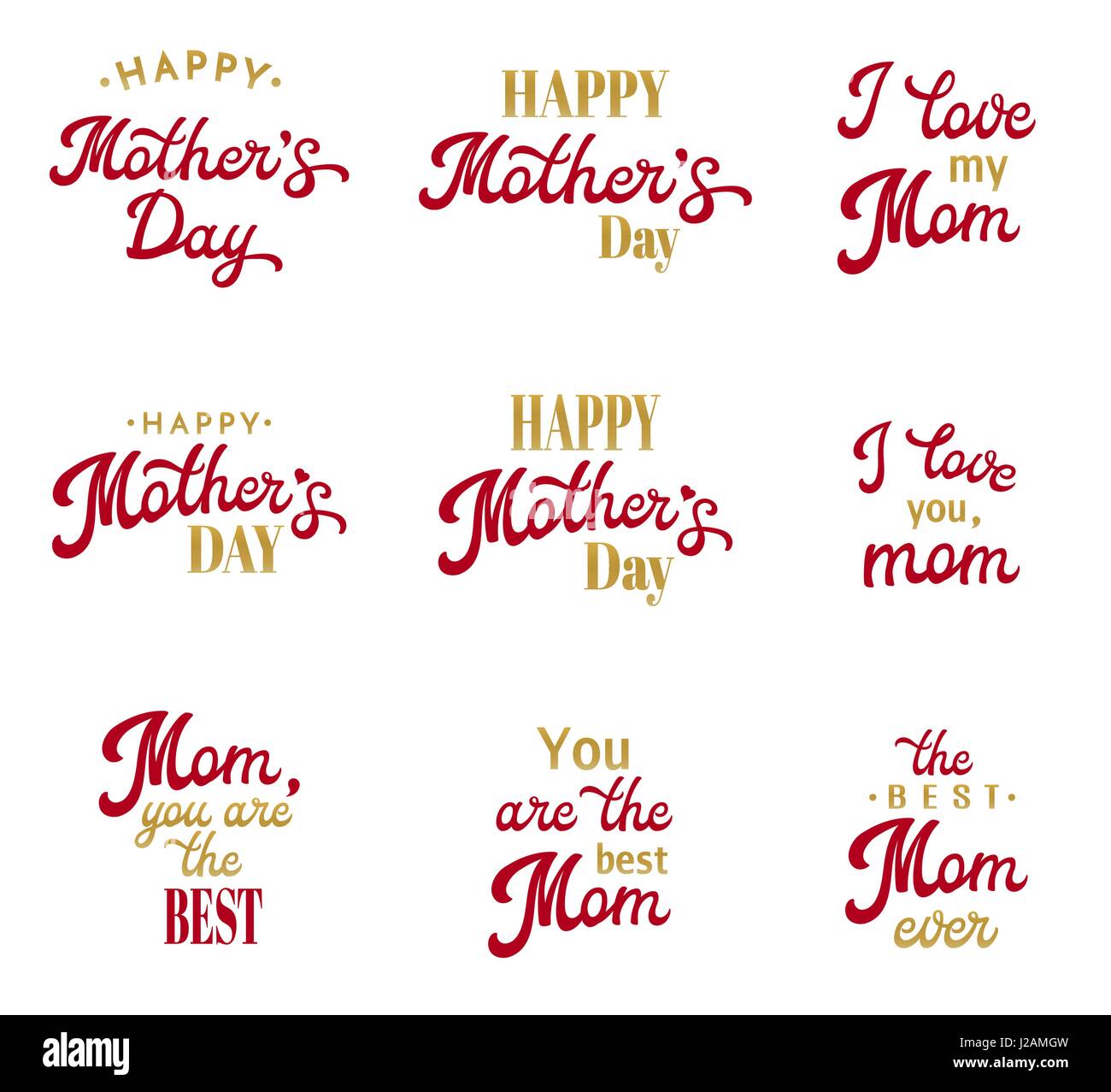 Mothers Day Hand Lettering Calligraphic Inscriptions Set. Red and gold ...