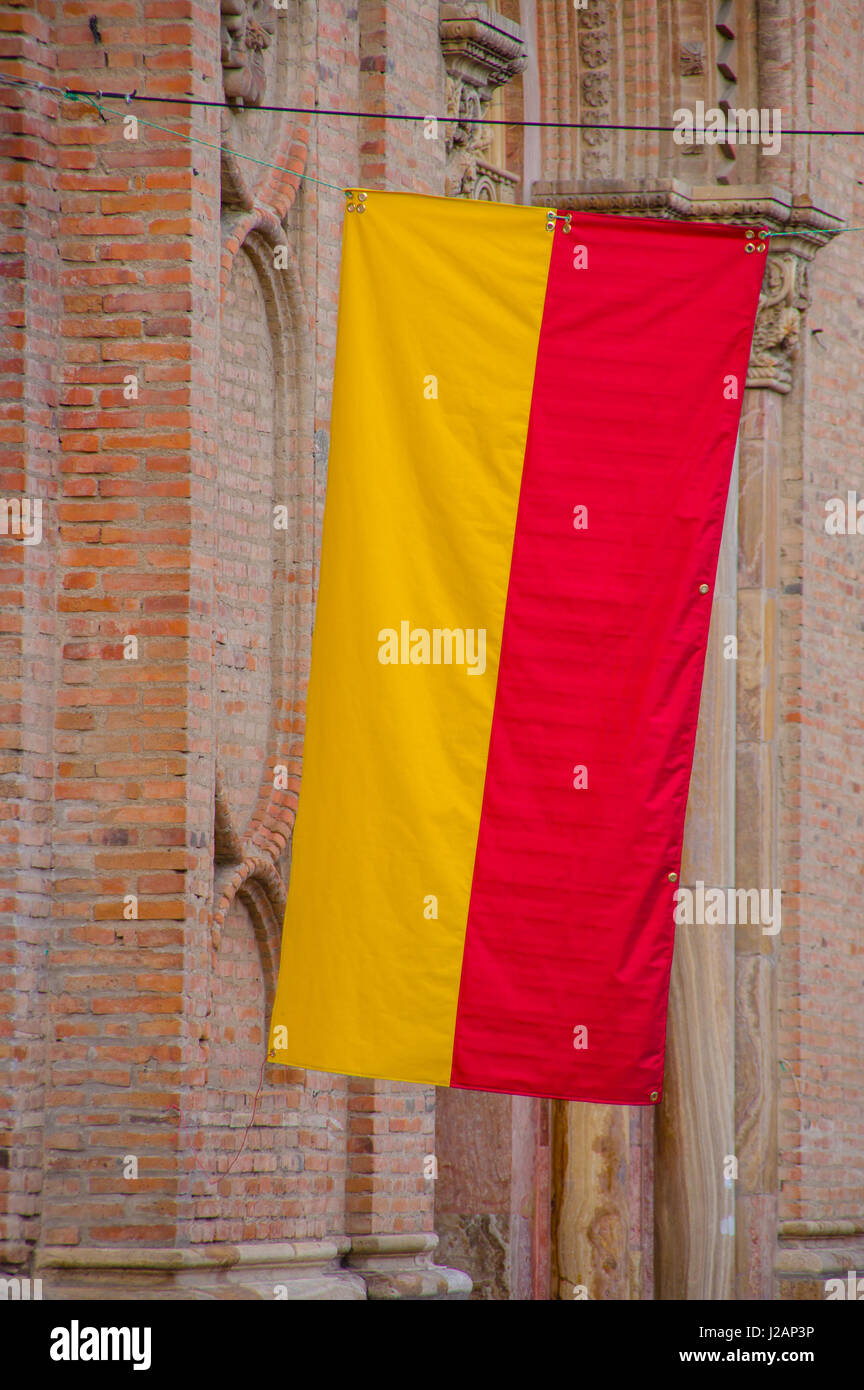 Cuenca, Ecuador - April 22, 2015: Closeup yellow and red Cuenca flag ...